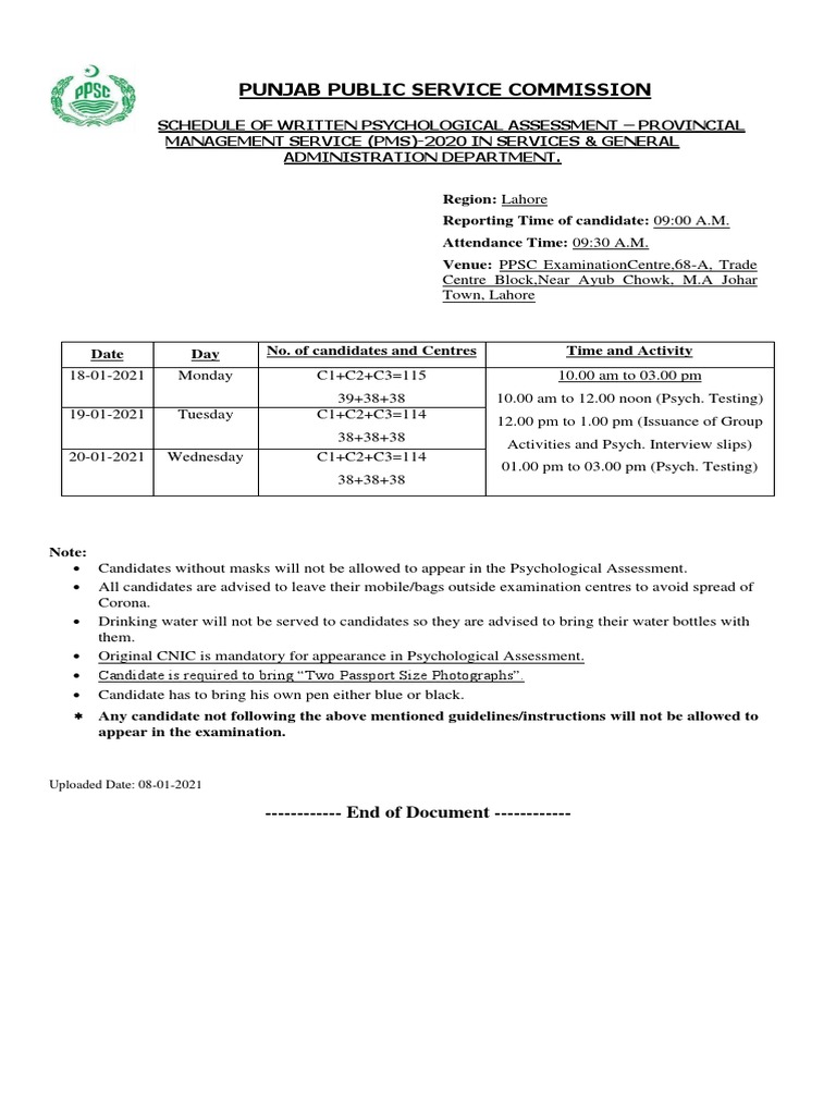 PMS Assessment Schedule | PDF