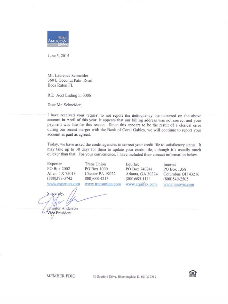 June 5, 2015 Letter From Jennifer Anderson of First American Bank To ...