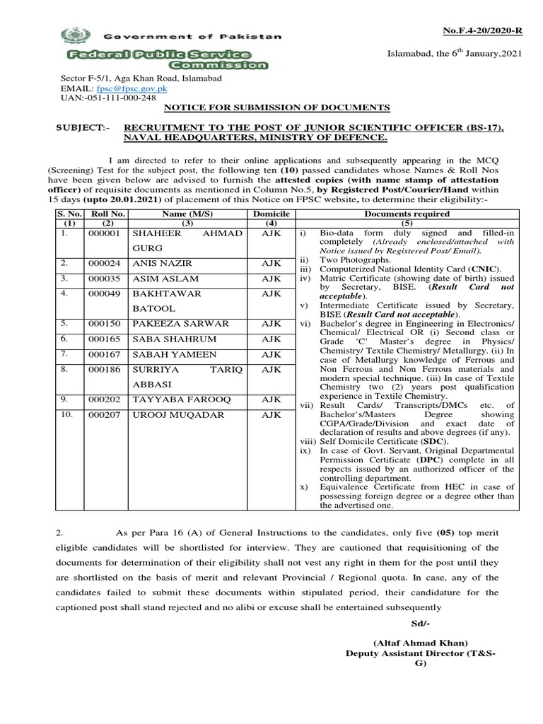 FPSC@FPSC - Gov.pk: S. No. Roll No. Name (M/S) Domicile Documents ...