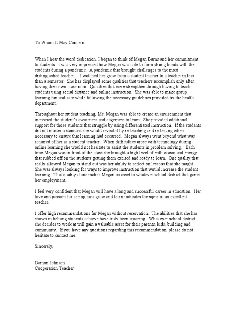 Megan Letter of Recommendation | PDF