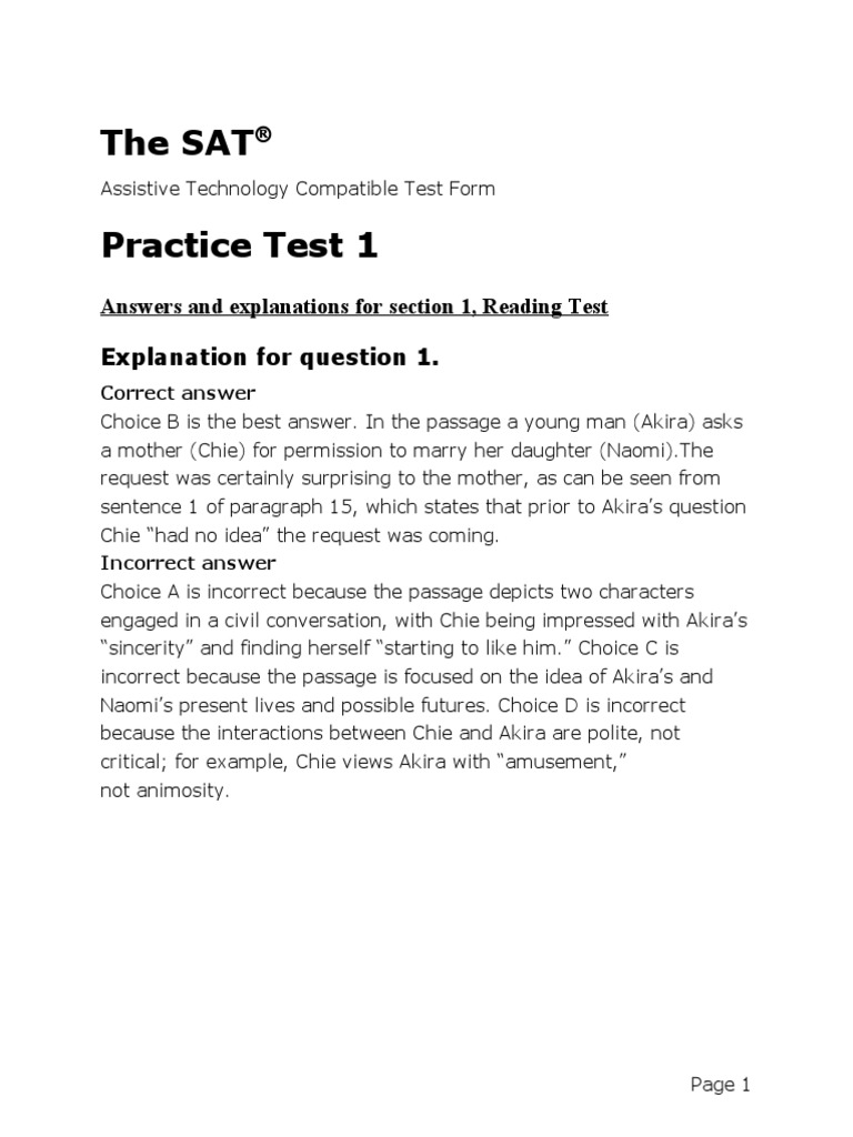 Sat Practice Test 1 Reading Answer Explanations at | PDF | Dna | Question