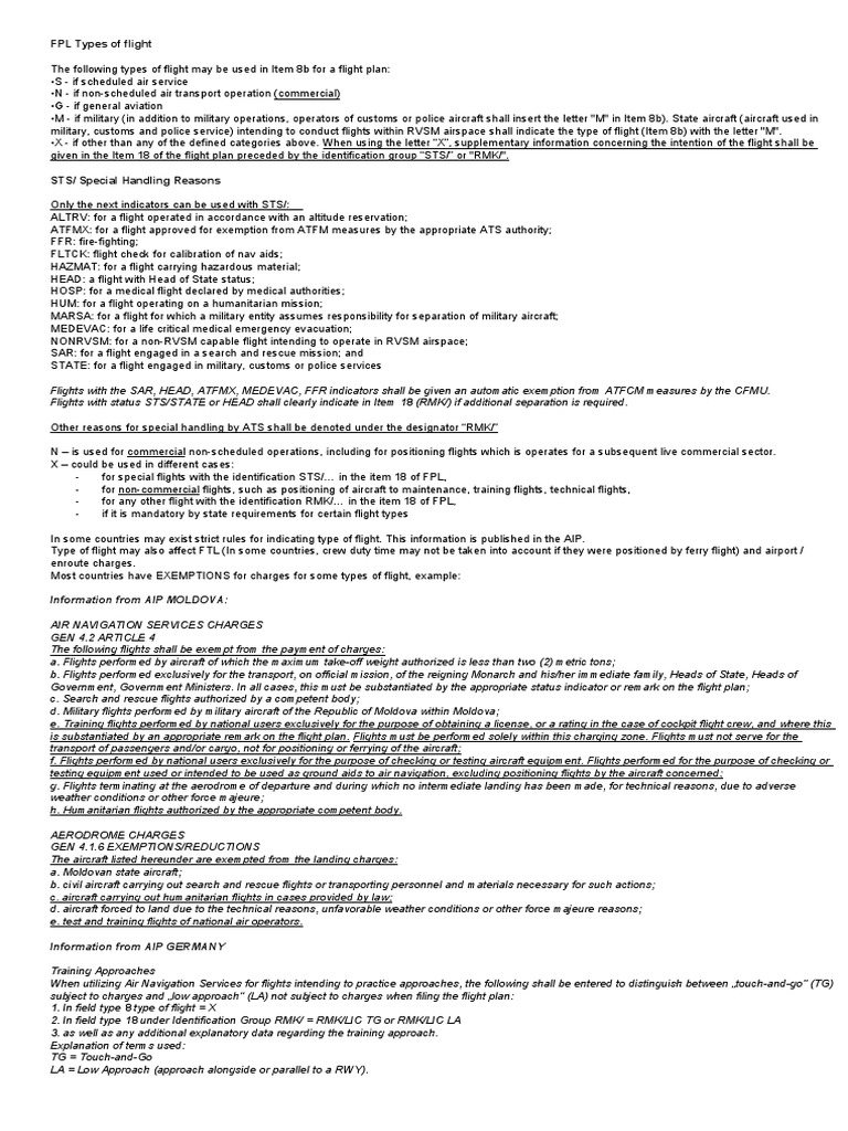 FPL Types of Flight | PDF | Search And Rescue | Aircraft