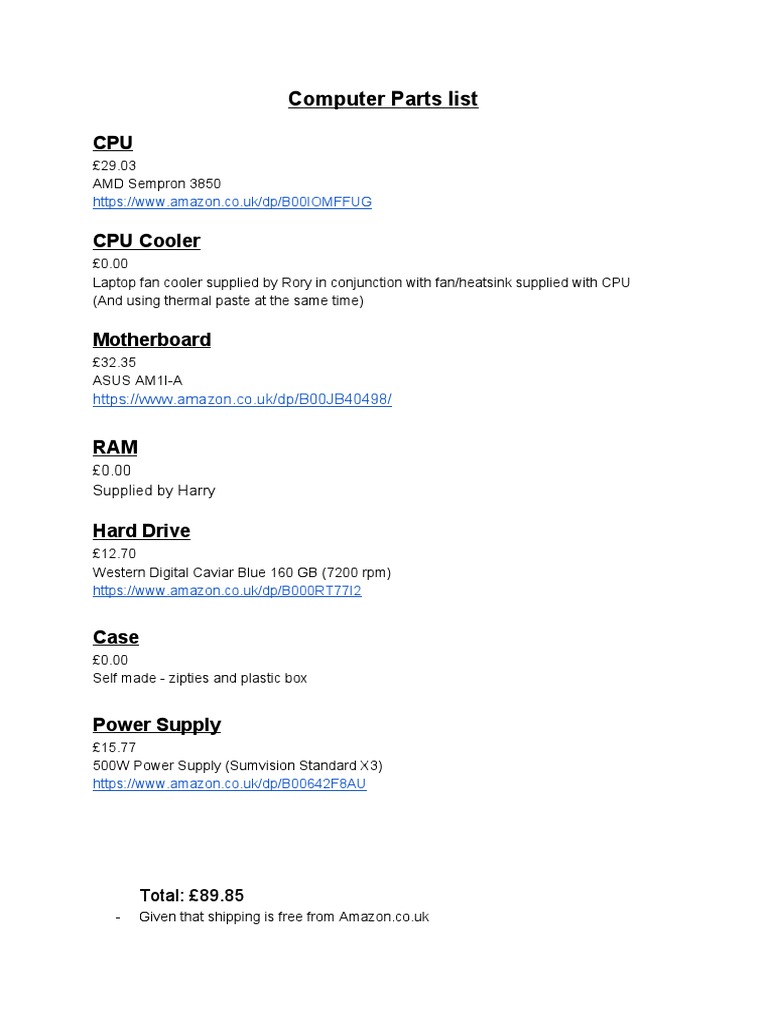 Computer Parts List PDF | PDF