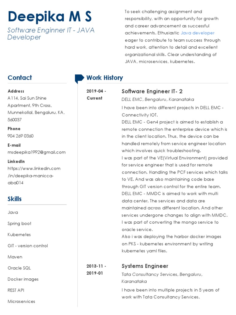 Deepika M S: Software Enginner IT - JAVA Developer | PDF | Java (Programming Language ...