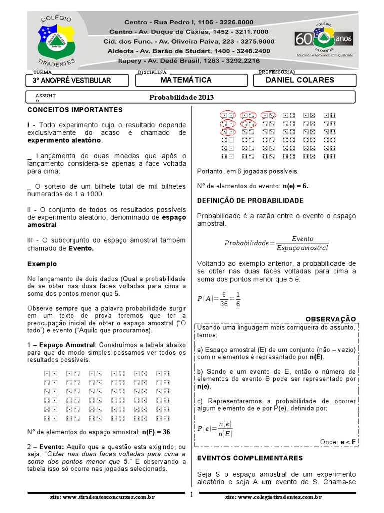 Aula 007 2 Ano Probabilidade I 2014 | PDF | Probabilidade | Conjunto (Matemática)