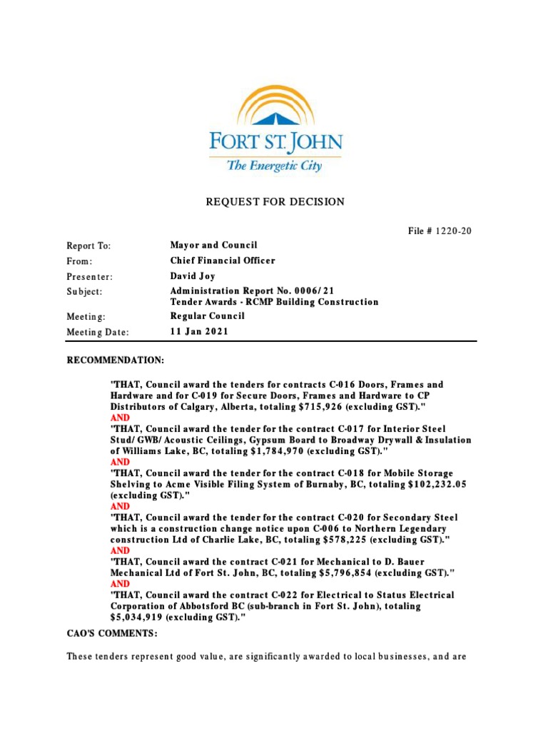 Fort St. John RCMP Building Construction - Tender Awards, January 2021 ...