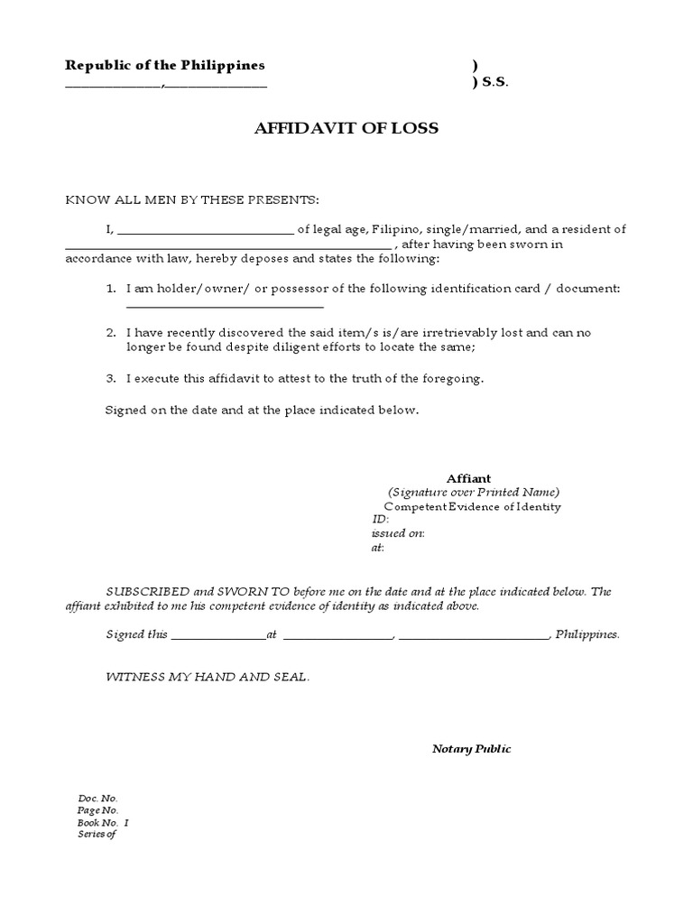 Affidavit of Loss Blank Form PDF | PDF