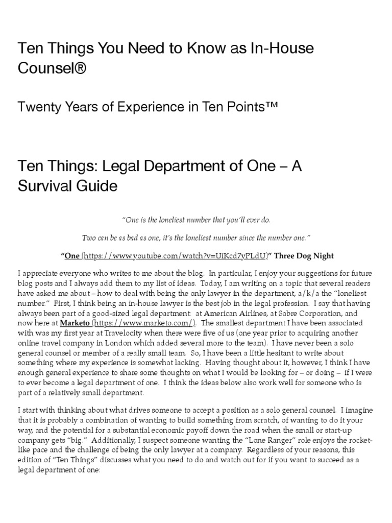 Ten Things - Legal Department of One - A Survival Guide - Ten Things ...