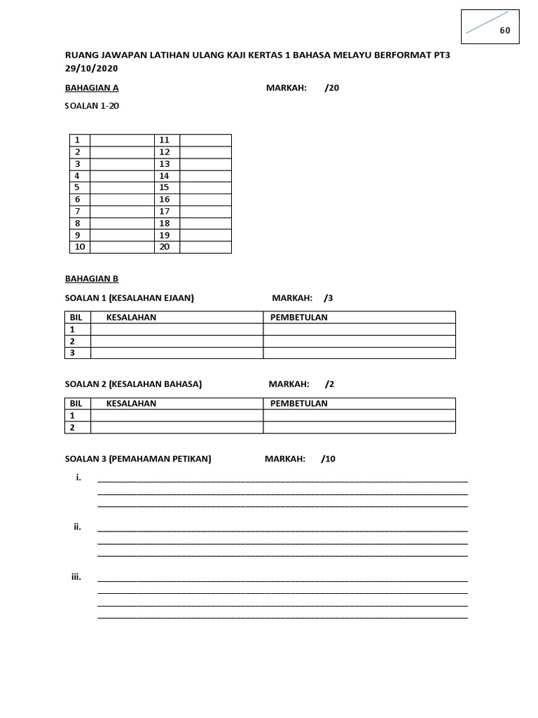 Ruang Jawapan Latihan Ulang Kaji Kertas 1 Bahasa Melayu Berformat PT3 29 | PDF