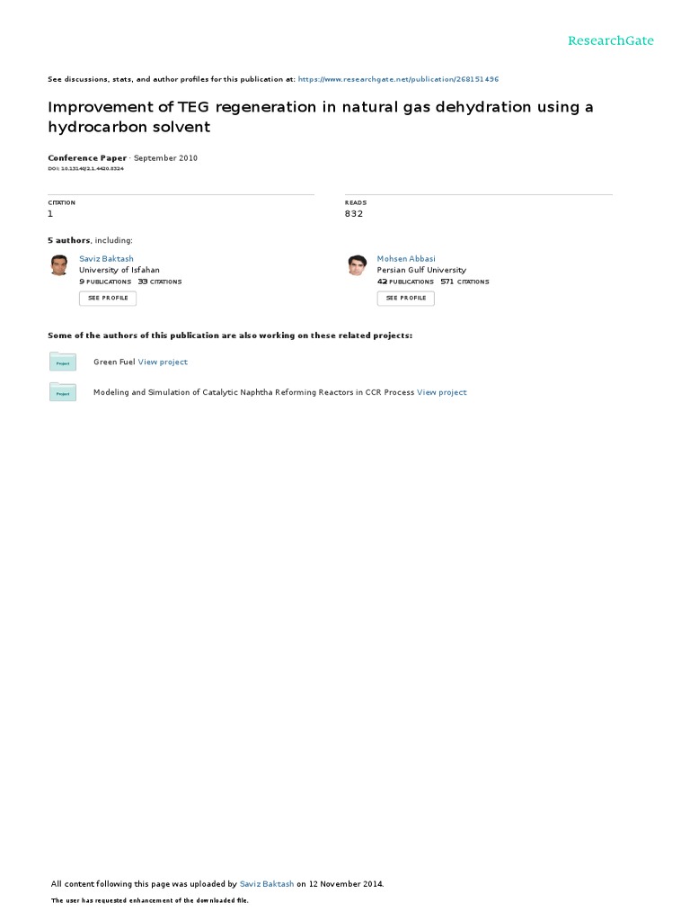 Improvement of TEG Regeneration in Natural Gas Dehydration Using A Hydrocarbon Solvent | PDF ...