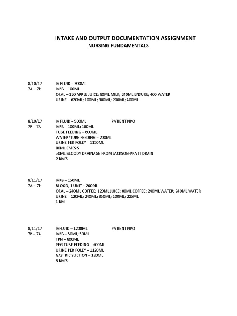 Intake and Output Documentation Assignment | PDF