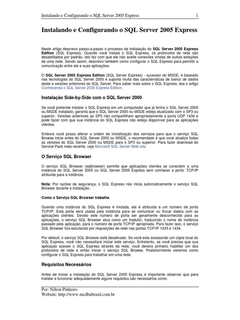 Manual de Instalação e Configuração Do SQL Server 2005 | PDF