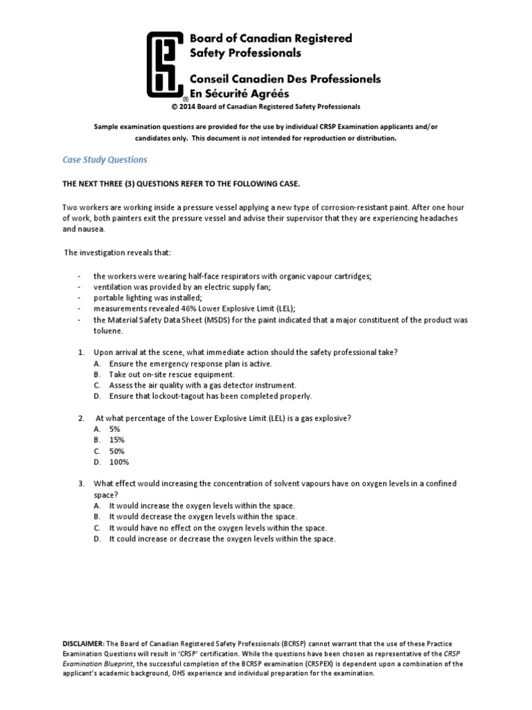 CRSP Sample Examination Questions | PDF | Occupational Hygiene ...