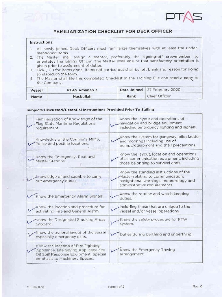 Familiarization: Checklist For Deck Officer | PDF | Watercraft | Transport