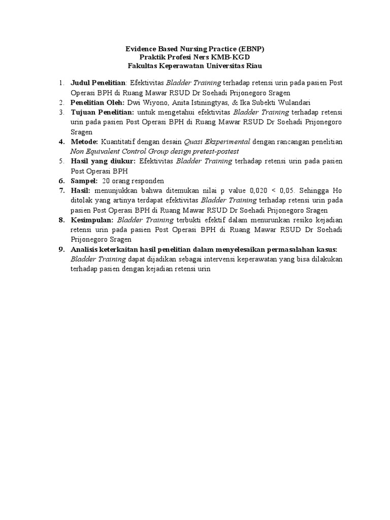 EBP Dan SOP Bladder Training (Retensi Urin) | PDF