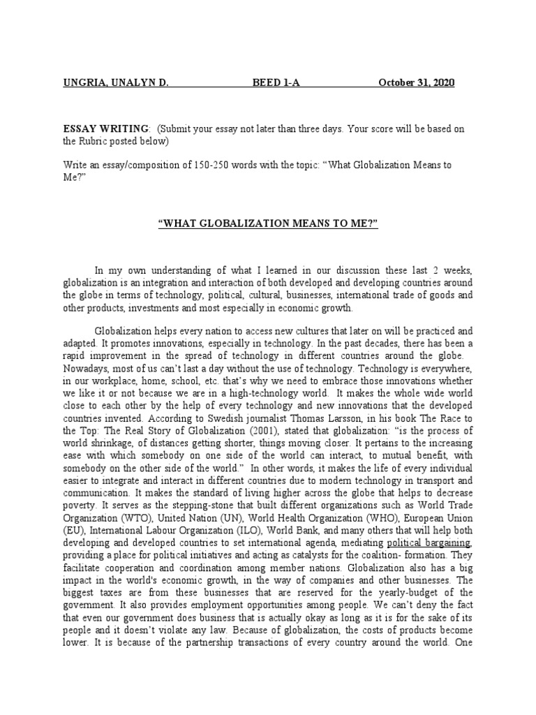 Essay Wrting - ContempWorld - Ungria, Unalyn - D | PDF | Globalization ...