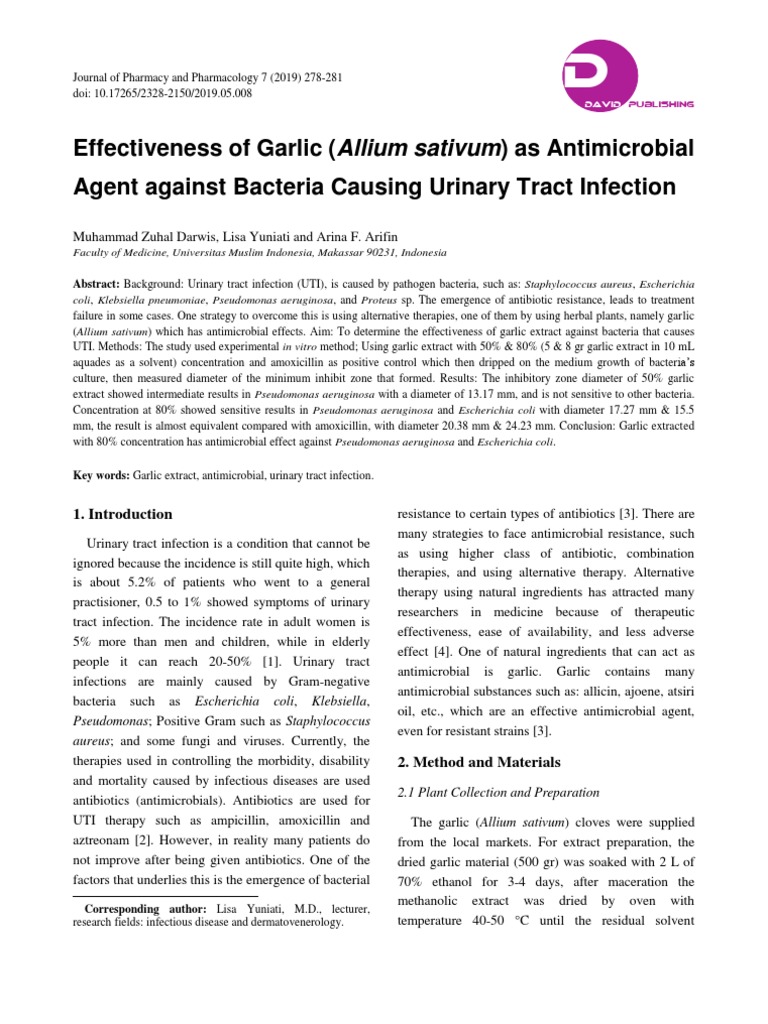 Effectiveness of Garlic (Allium Sativum) As Antimicrobial Agent Against ...
