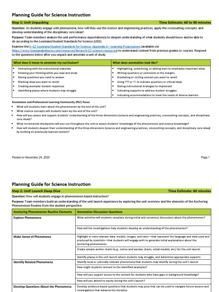 Planning Guide For Science Instruction: Step 1: Unit Unpacking Time ...