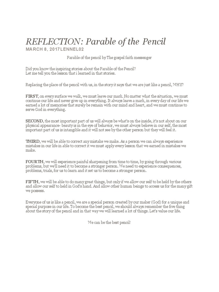REFLECTION: Parable of The Pencil: MARCH 8, 2017LENNEL02 | PDF