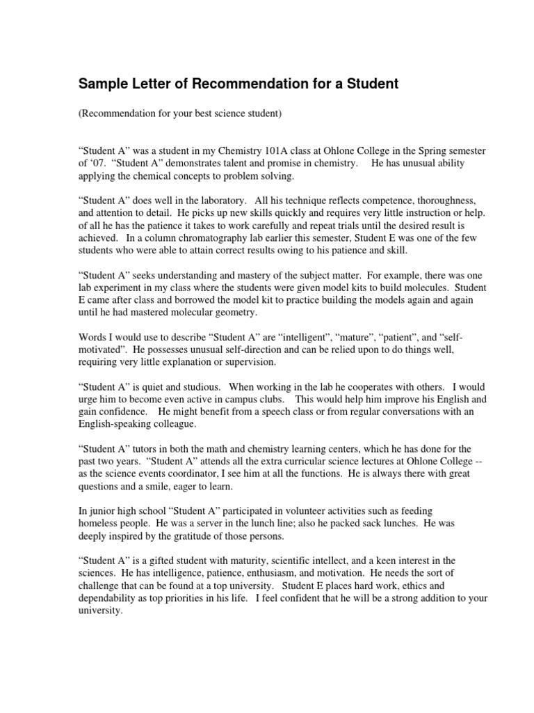 College Recommendation Letter For High School Student