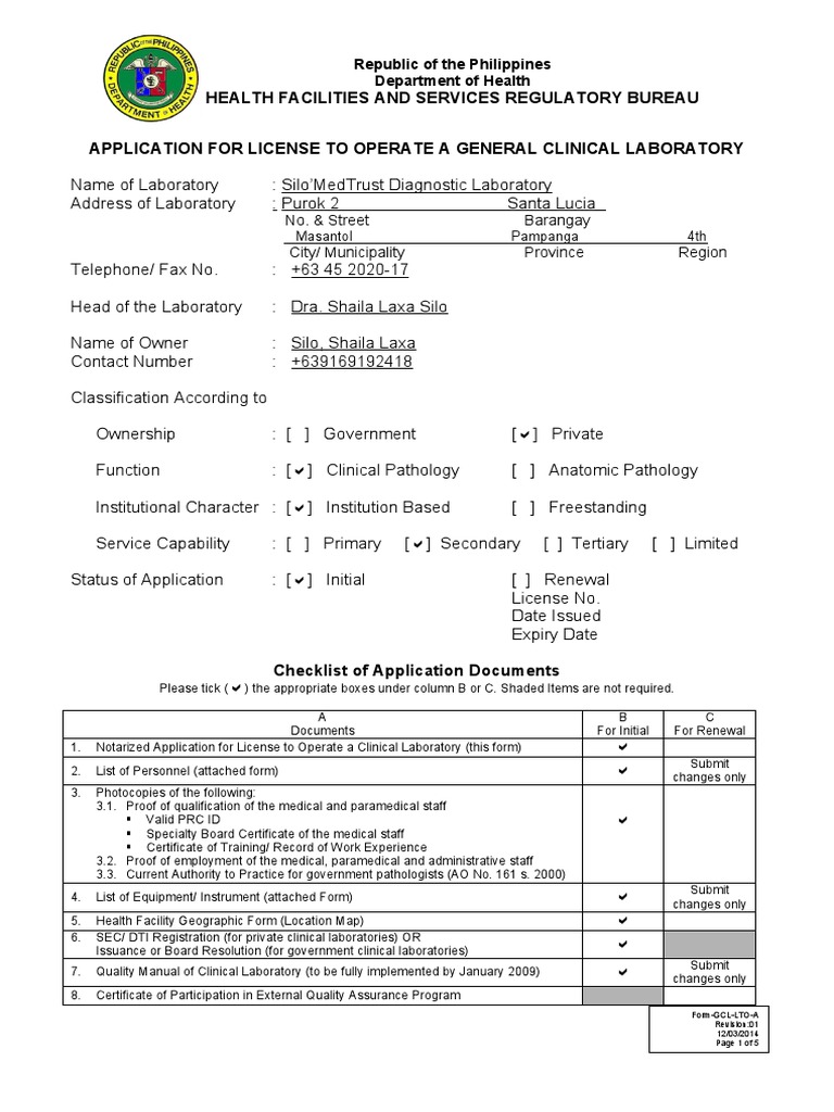 Application For License To Operate A General Clinical Laboratory | PDF ...