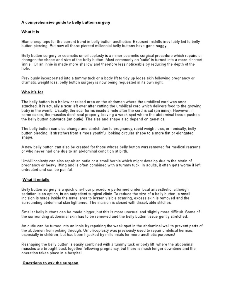 A Comprehensive Guide To Belly Button Surgery What It Is | PDF