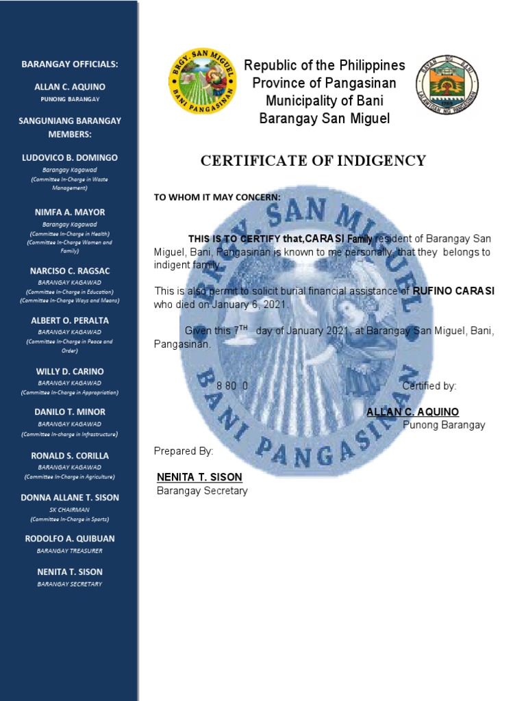 Barangay Certificate of Indigency Sample | PDF
