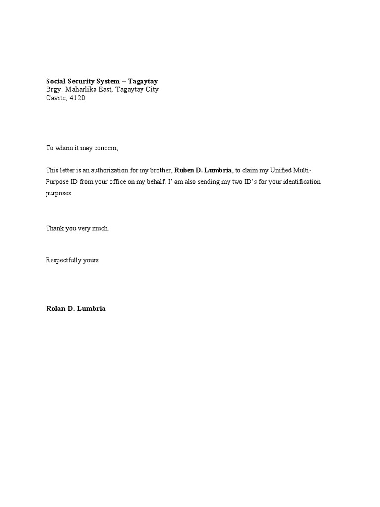 Authorization Letter - SSS | PDF