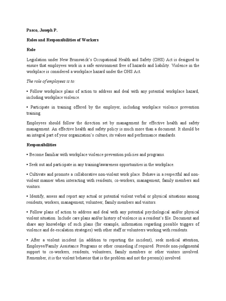 Roles and Responsibilities of Workers | PDF | Occupational Safety And ...