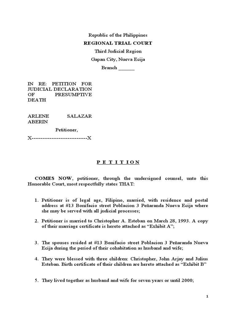 Petition For Declaration of Presumptive Death - Arlene | PDF | Courts ...