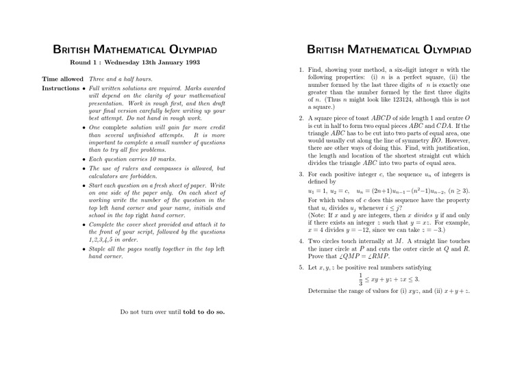 Bmo1 1993 | PDF | Numbers | Geometry