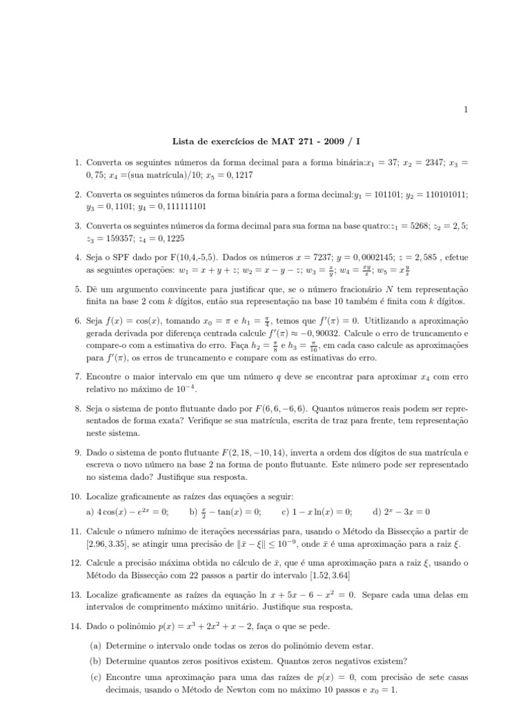 Lista de Exercicios (1) - MAT 271 - 2009-I | PDF | Matemática elementar | Álgebra
