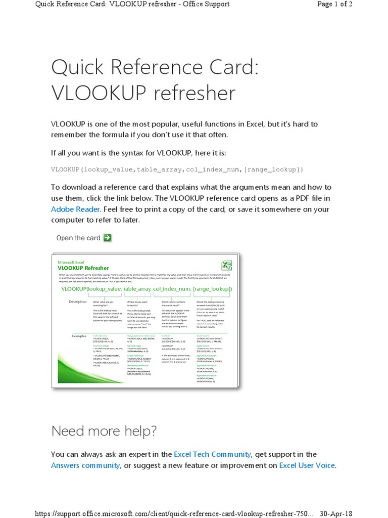 Quick Reference Card: VLOOKUP Refresher: Need More Help? | PDF | Computers