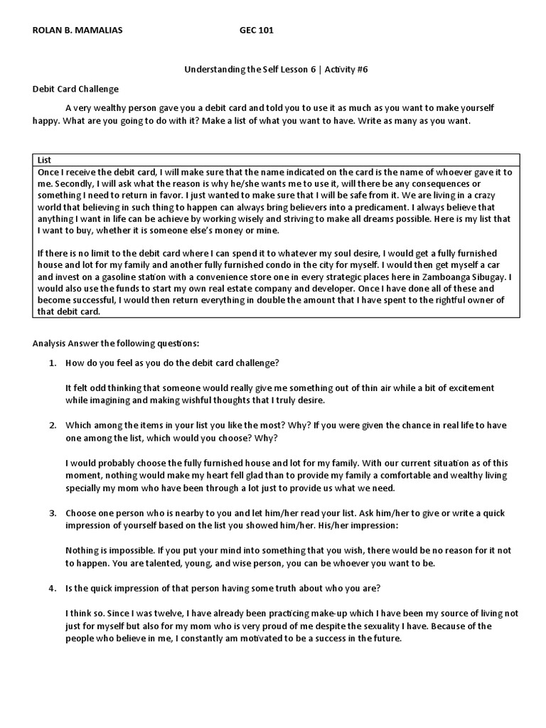 Understanding The Self Lesson 6 Activity 6 | PDF | Self-Improvement ...