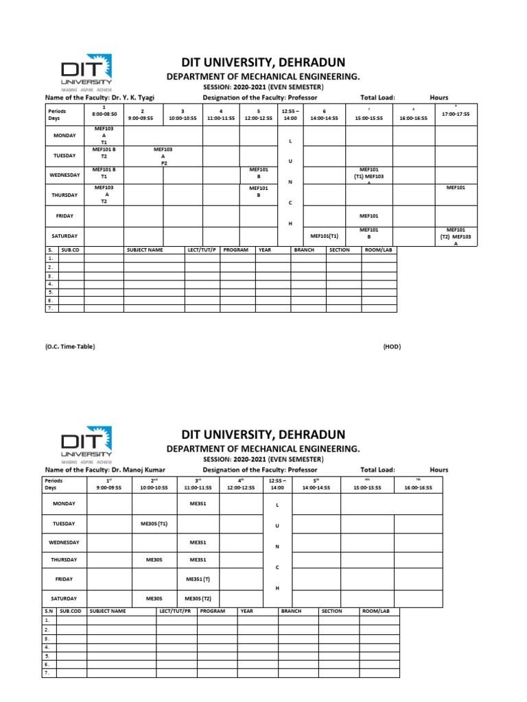 Faculty Time Table | PDF | Engineering | Nature