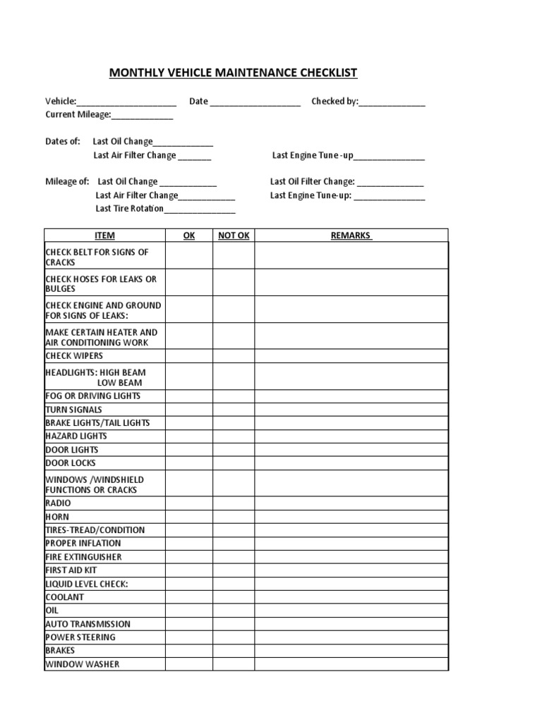 Monthly Vehicle Maintenance Checklist | PDF