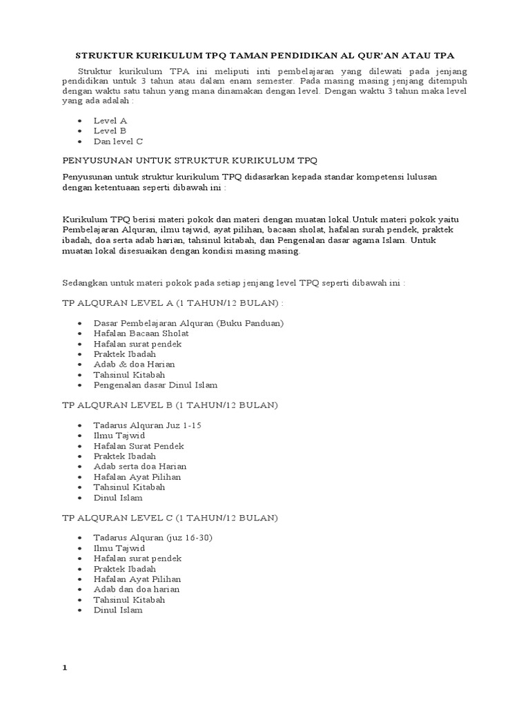 Struktur Kurikulum TPQ Taman Pendidikan Al Quran | PDF