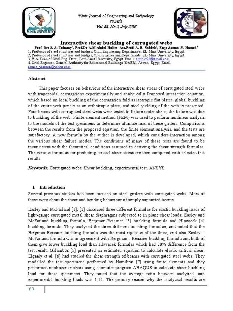 Interactive Shear Buckling of Corrugated Webs: Vol. 35, No 2, July 2016 ...