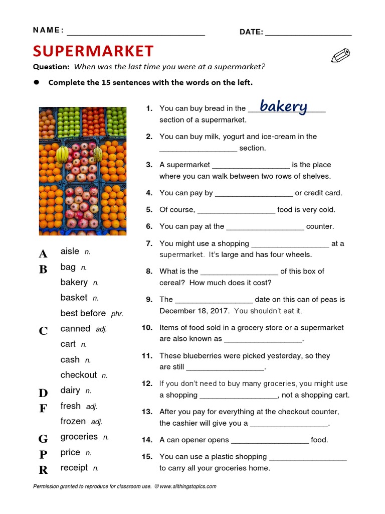 Supermarket: Complete The 15 Sentences With The Words On The Left | PDF ...