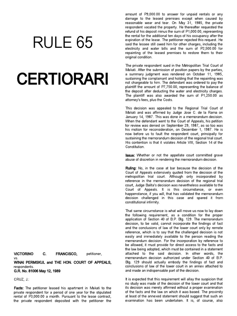 Rule 65 Case Digests | PDF | Certiorari | Lawsuit
