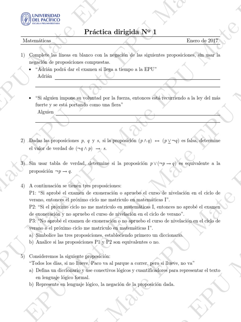 PD1 Practica Dirigida Pre U. Pacifico | PDF | Proposición | Lógica matemática