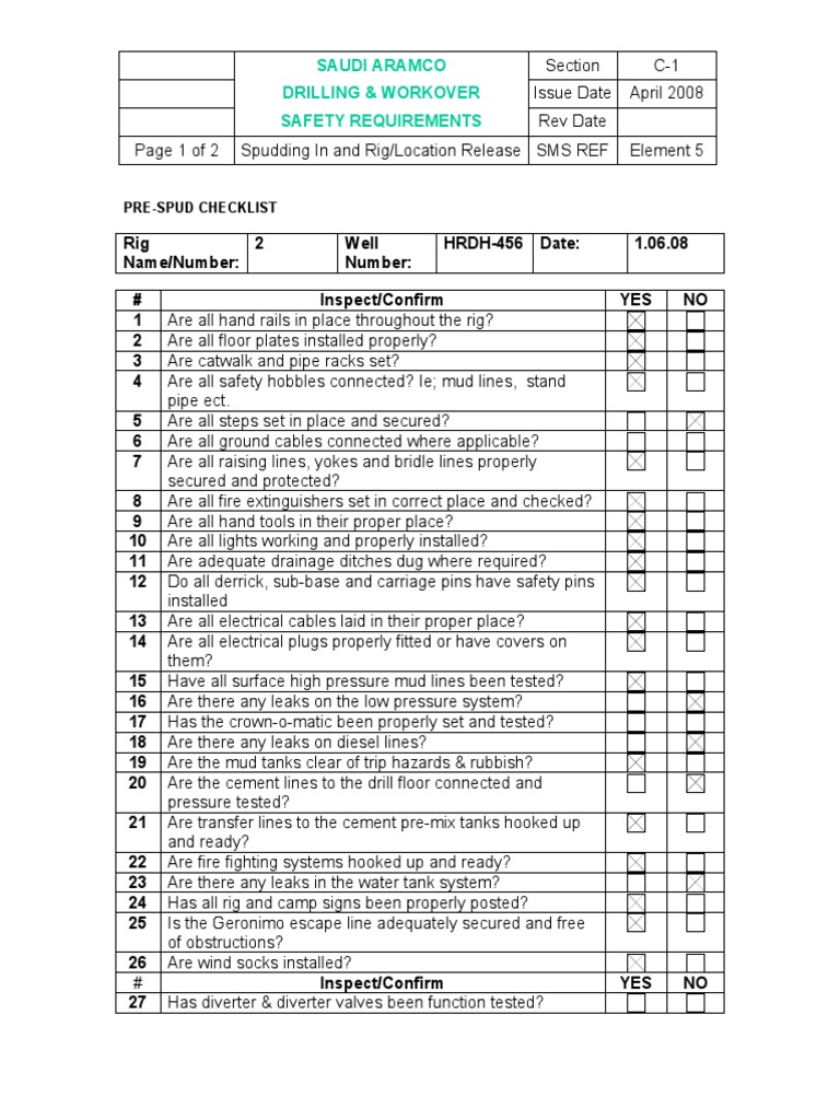 Pre-Spud Checklist C-1 | Download Free PDF | Equipment | Manufactured Goods