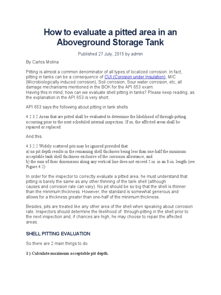 How To Evaluate A Pitted Area in An Aboveground Storage Tank | PDF ...