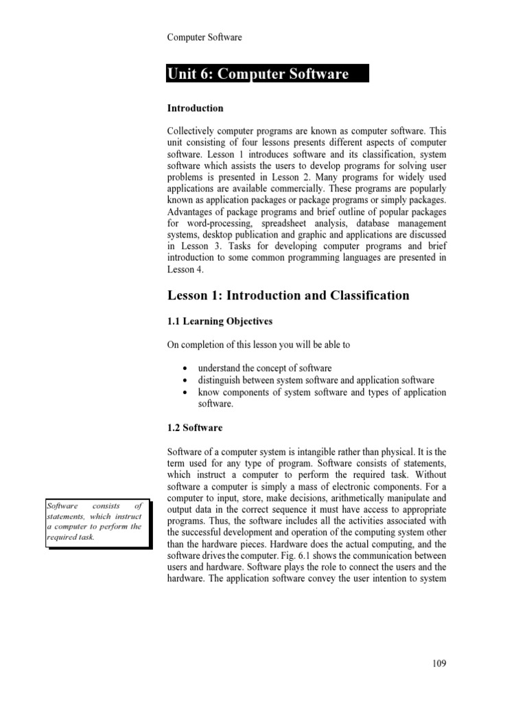 Unit 6: Computer Software: Lesson 1: Introduction and Classification ...