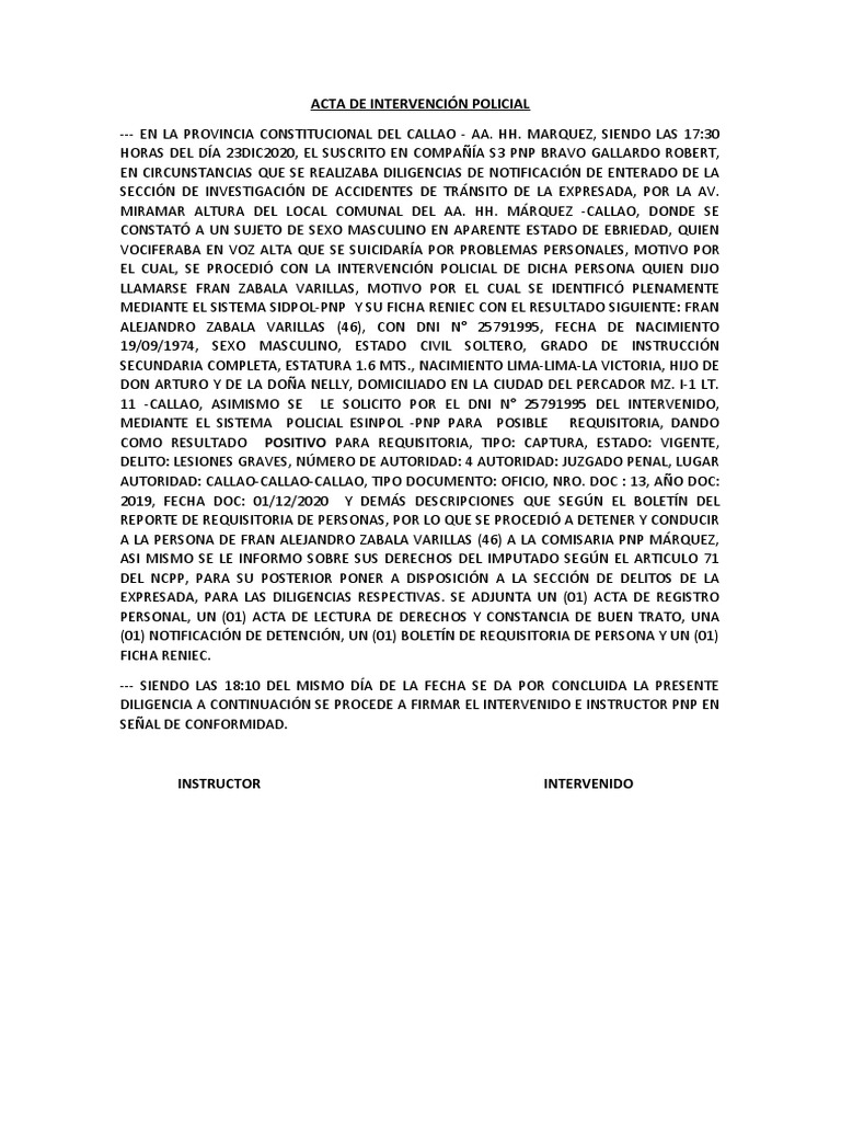Acta de Intervención Policial RQ 23dic2020 Actual | PDF