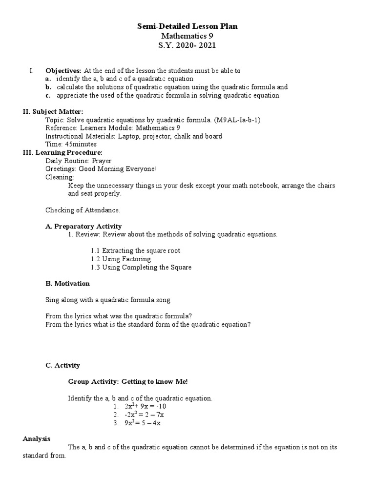 Semi-Detailed Lesson Plan (FilmaGranada) | PDF | Quadratic Equation ...