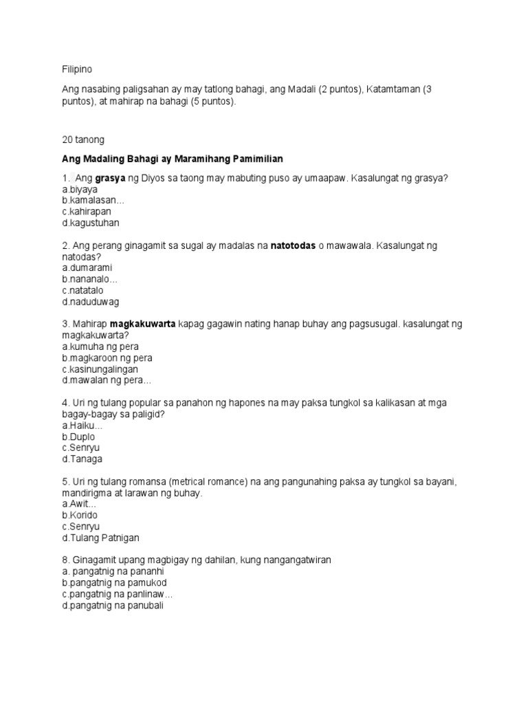 Filipino quiz questions