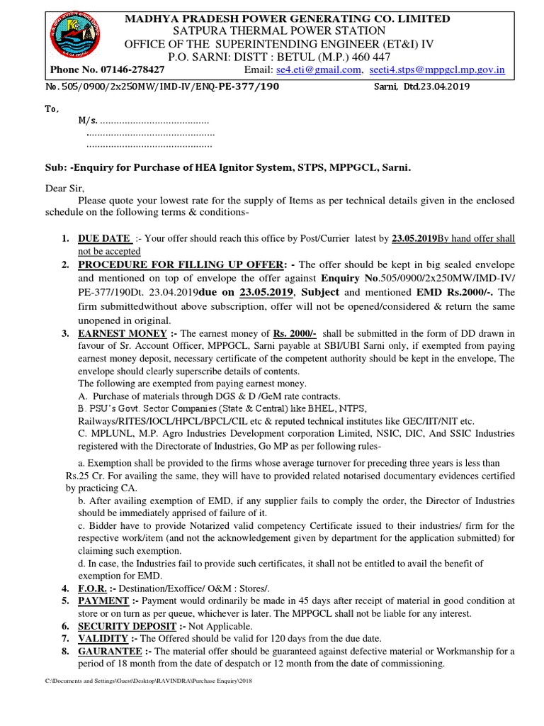 Satpura Thermal Power Station Office of The Superintending Engineer (Et ...