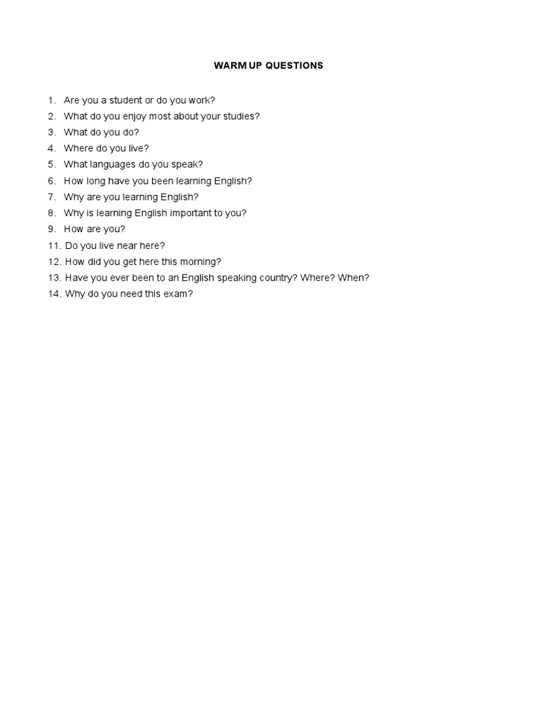 Warm Up Questions | PDF | Career & Growth | Language Arts & Discipline