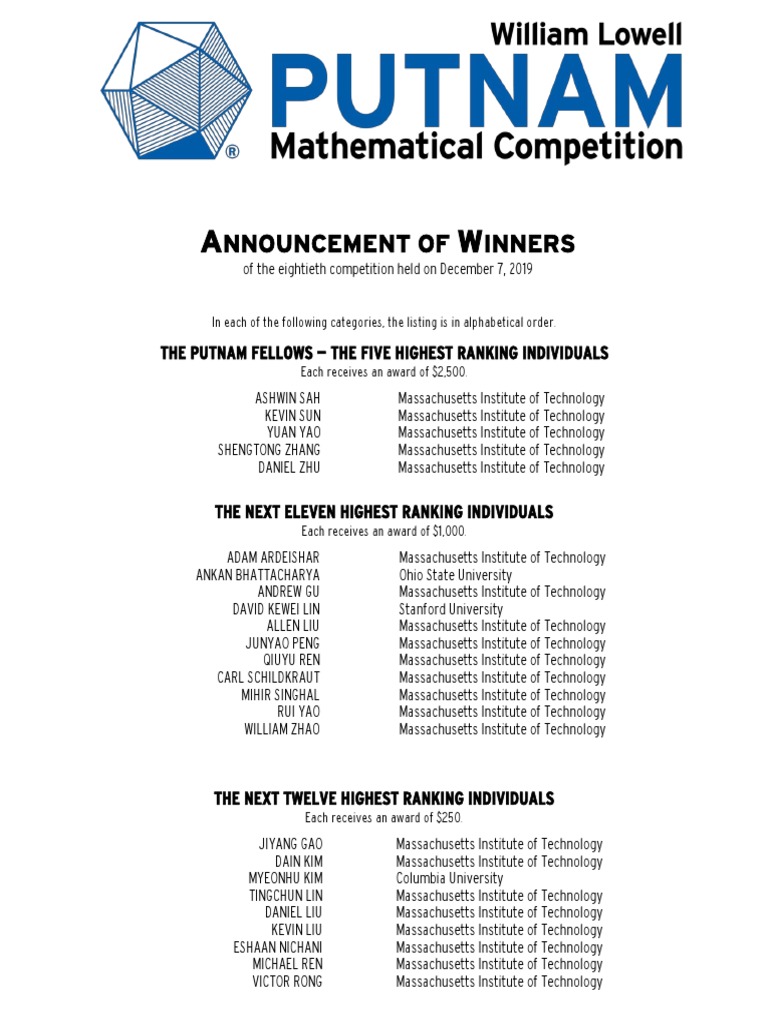 Nnouncement of Inners: The Putnam Fellows - The Five Highest Ranking ...